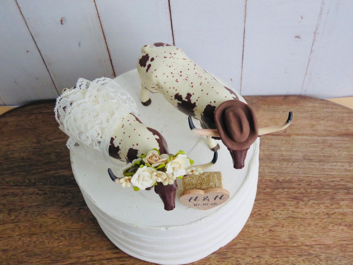 Rustic Longhorn Wedding Cake Topper | Bride and Groom Cows | Western ...