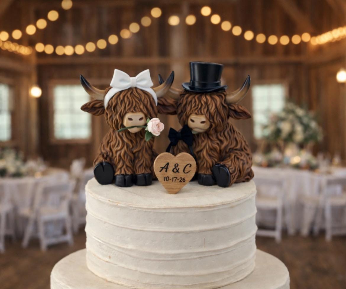 Highland Cow Wedding Cake Topper | Bride and Groom Cattle, Personalized ...