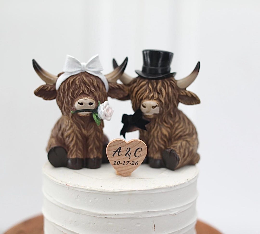 Highland Cow Wedding Cake Topper | Bride and Groom Cattle, Personalized ...