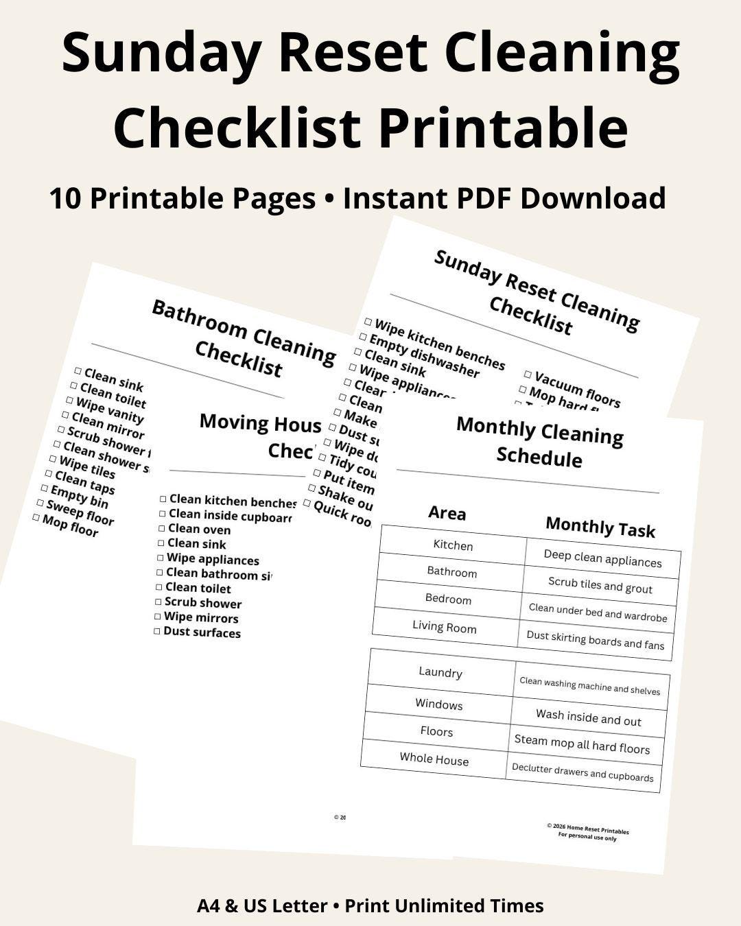 Sunday Reset Cleaning Checklist Printable PDF Weekly Home Reset Planne ...