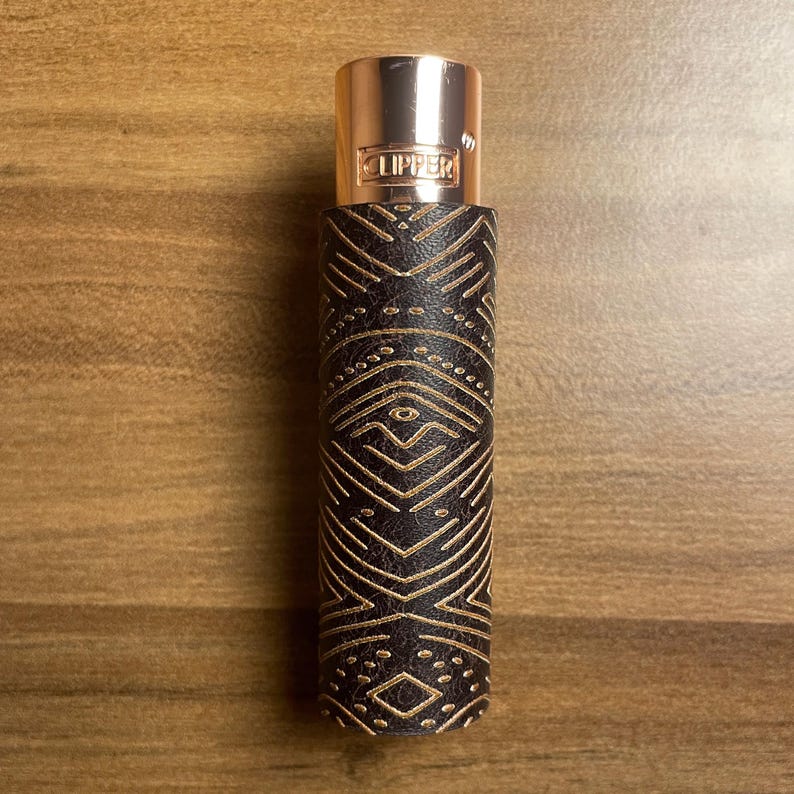 Handmade Leather Clipper Lighter Case, Tribal Geometric Design, Dark ...