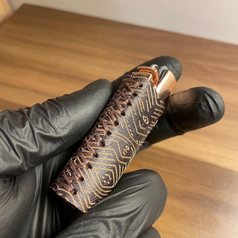 Handmade Leather Clipper Lighter Case, Tribal Geometric Design, Dark ...