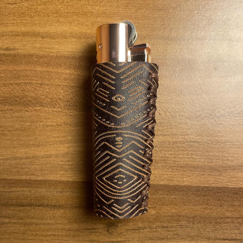 Handmade Leather Clipper Lighter Case, Tribal Geometric Design, Dark ...