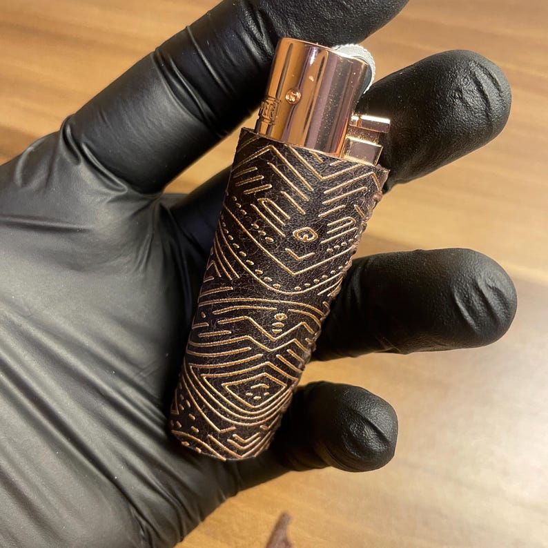Handmade Leather Clipper Lighter Case, Tribal Geometric Design, Dark ...