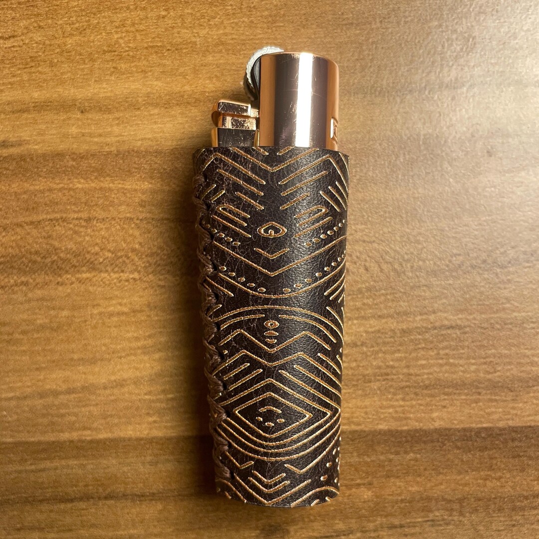 Handmade Leather Clipper Lighter Case, Tribal Geometric Design, Dark ...