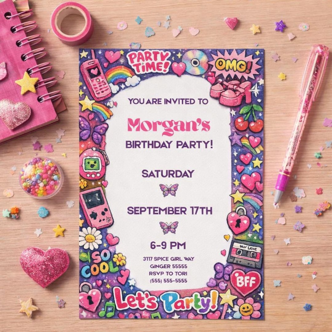 2000s Style Butterfly Girl Birthday Invitation, Pink and Purple Invite ...