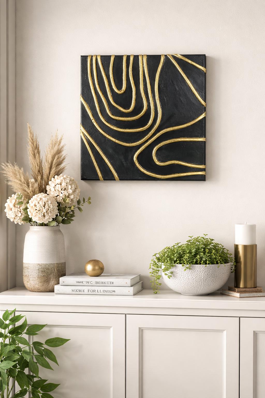 14x14 Multi Media Wall Art - Dark Grey With Gold Leaf Design on Canvas ...