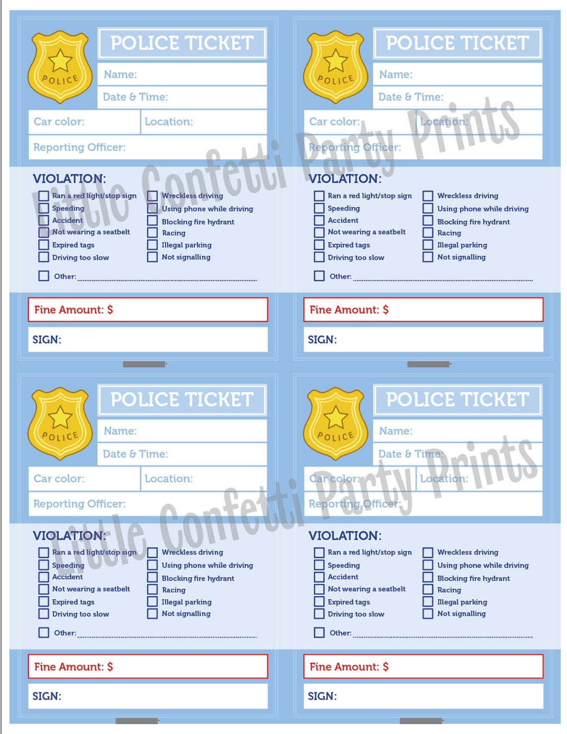 Kids Printable Police Ticket, Police Pretend Play, Pretend Police Play ...