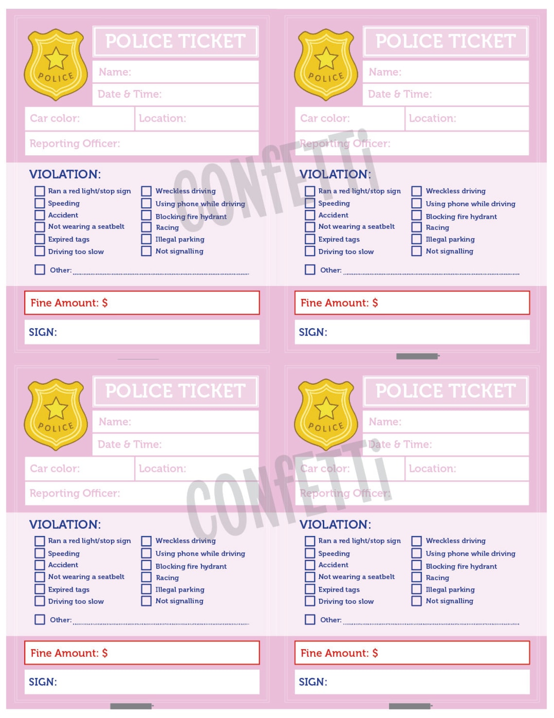 Kids Printable Pink Police Ticket, Police Pretend Play, Pretend Police ...