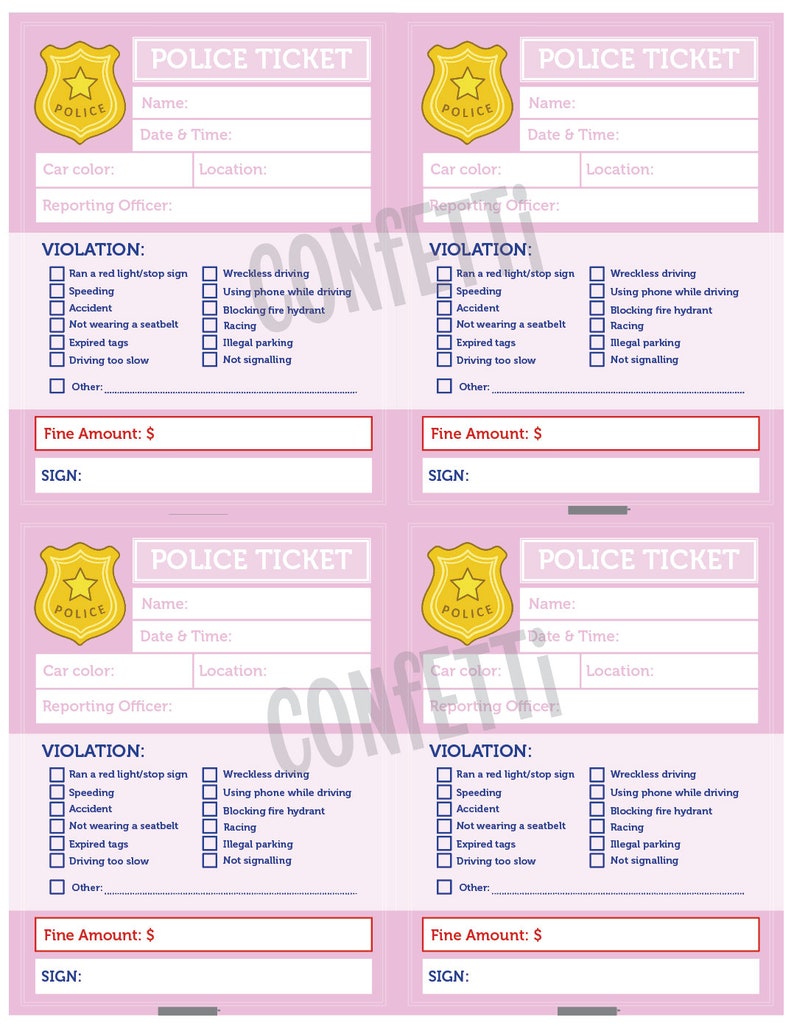 Kids Printable Pink Police Ticket, Police Pretend Play, Pretend Police ...