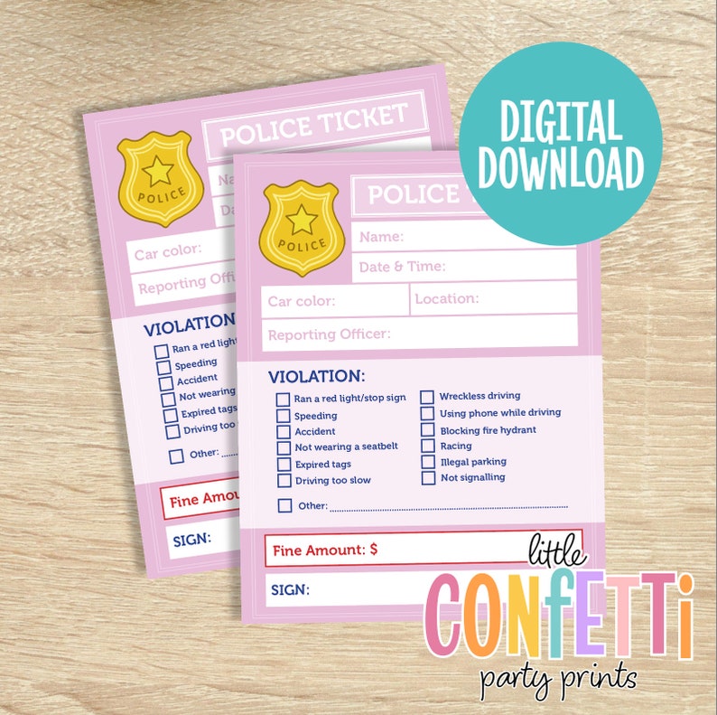 Kids Printable Pink Police Ticket, Police Pretend Play, Pretend Police ...