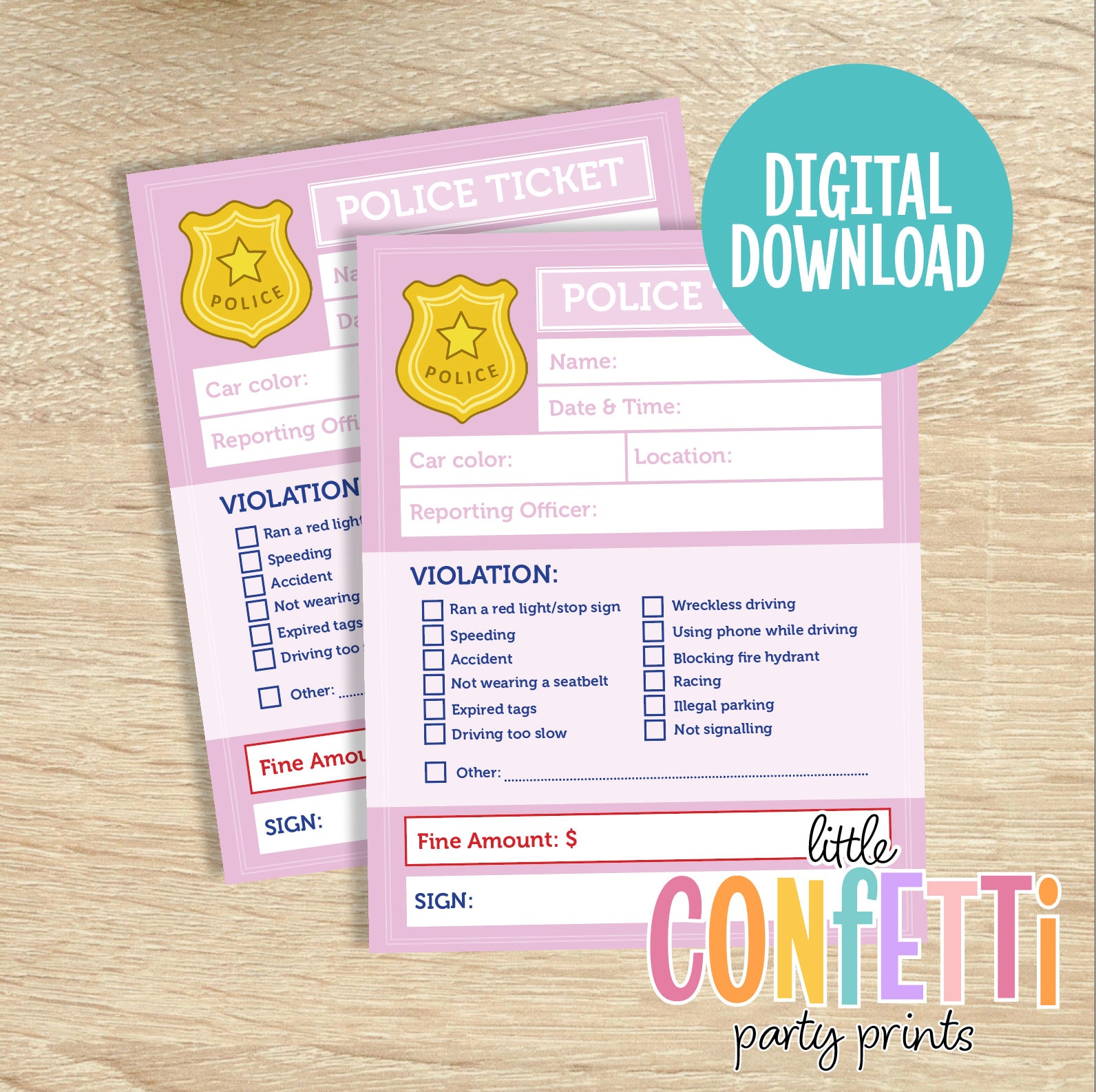 Kids Printable Pink Police Ticket, Police Pretend Play, Pretend Police ...