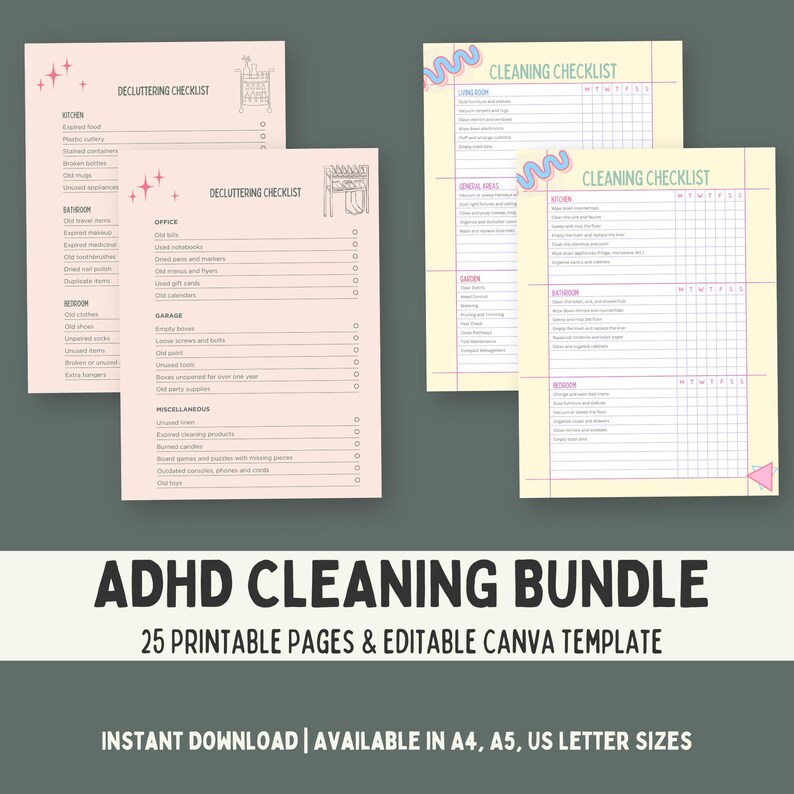 ADHD Cleaning Checklist, Editable Planner, Daily, Weekly, Monthly ...