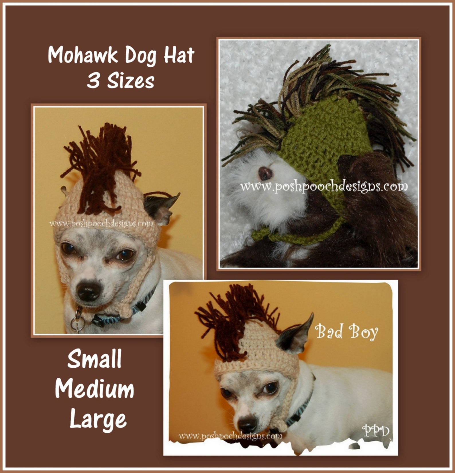 Instant Download CROCHET PATTERN - Mohawk Dog Hat 3 Sizes Small Medium ...