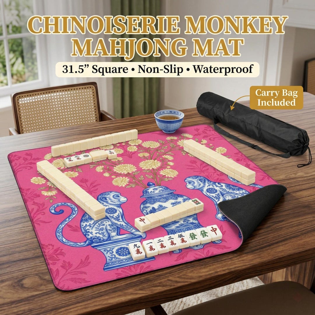 Chinoiserie Monkey Mahjong Mat, Pink Maximalist Table Cover With ...