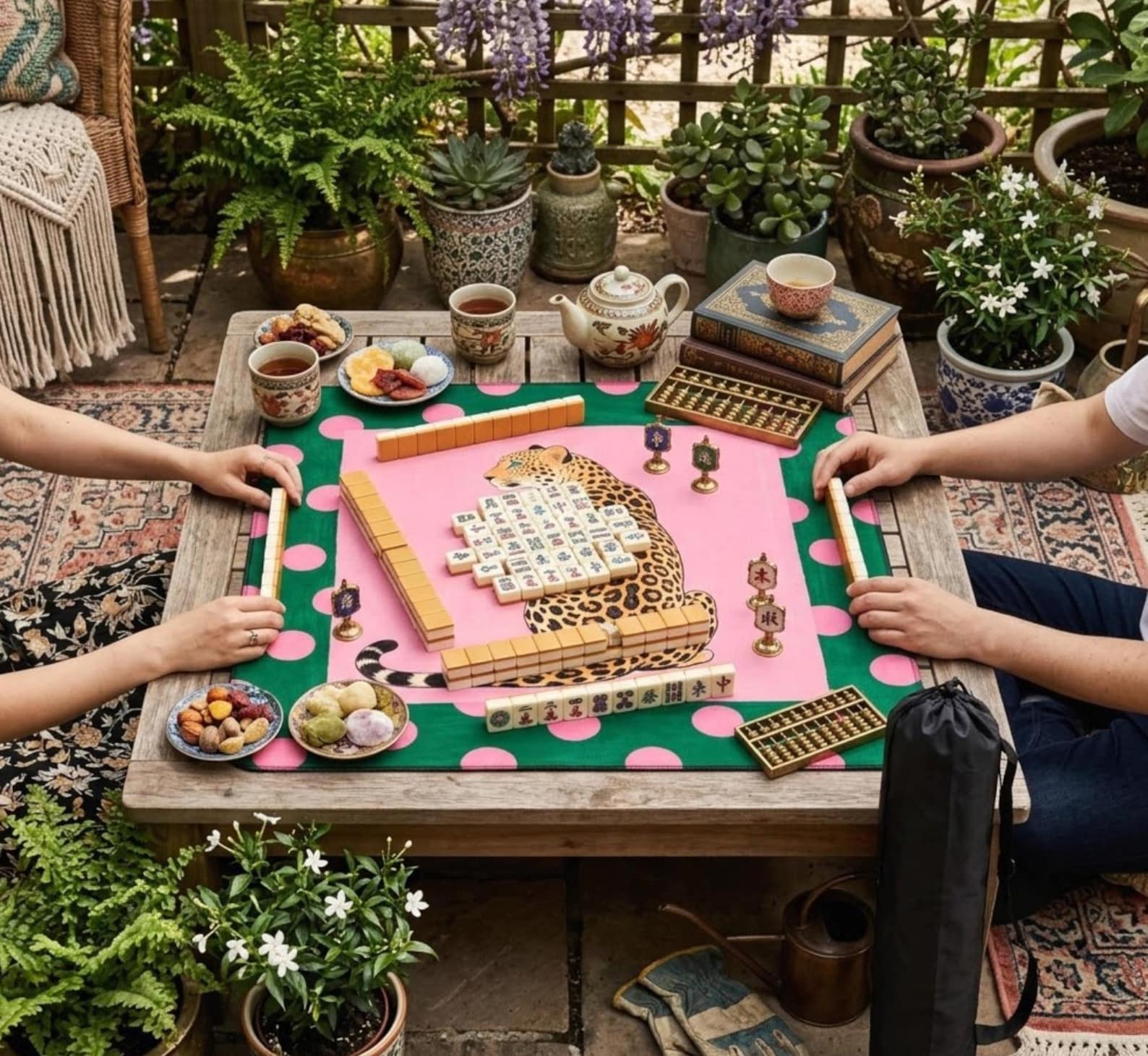 Preppy Pink Leopard Mahjong Mat With Bag, 31.5
