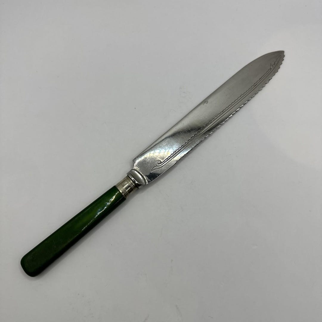 Vintage Green Handled Serrated Table Knife Stainless Nickel Blade 9.5 ...