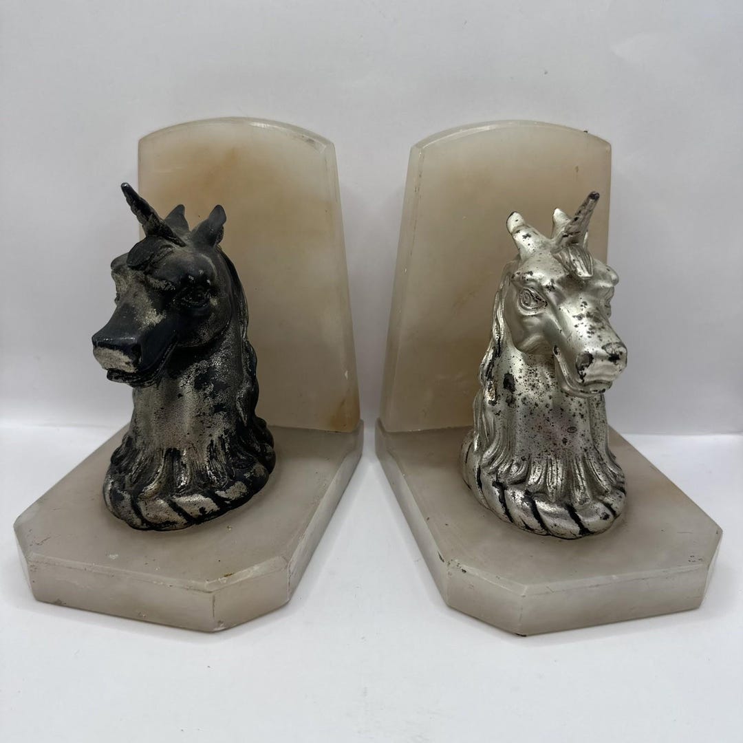 Art Deco Marble Bookends – Unicorn Busts (pair) – Vintage Decorative ...