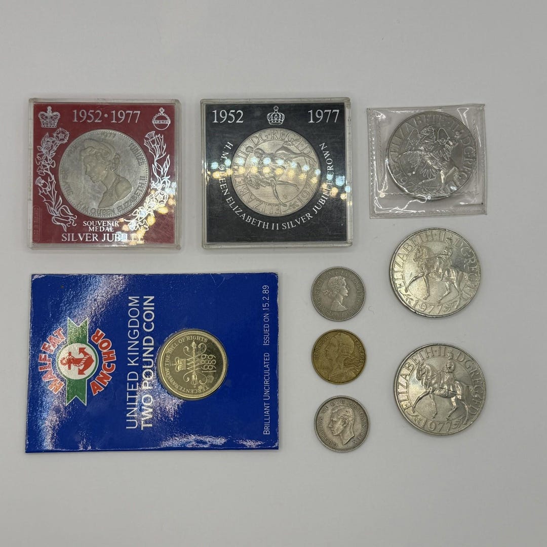 Vintage Coin Collection Silver Jubilee Crowns + World Coins Lot (1977 ...