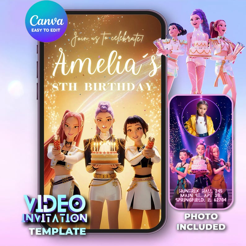 Kpop Demon Hunters Golden Birthday Video Invitation – Editable Canva ...