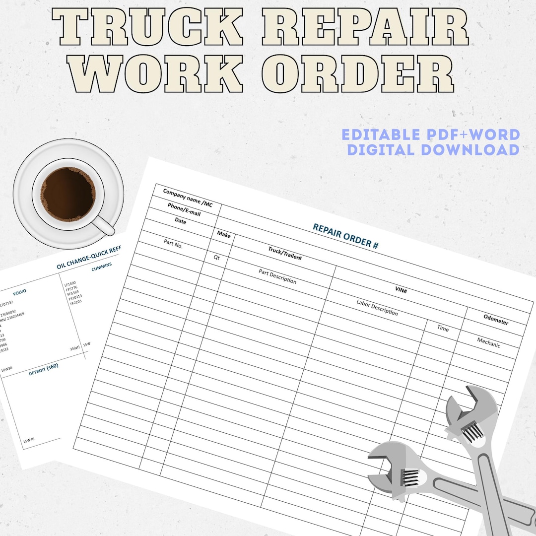 Truck Repair Work Order Template | Editable PDF, Mechanic Shop Form - Etsy