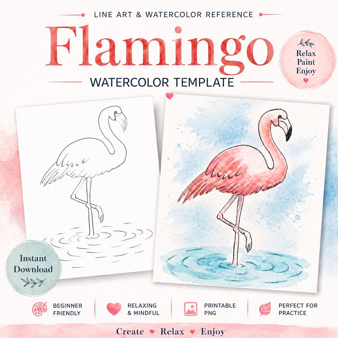 Pink Flamingo Watercolor Template for Beginners, Printable Line Art ...