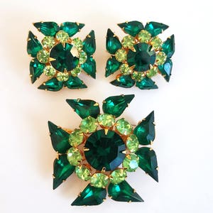 Vintage Judy Lee Green Envy Rhinestone Brooch & Earring Set, Maltese ...