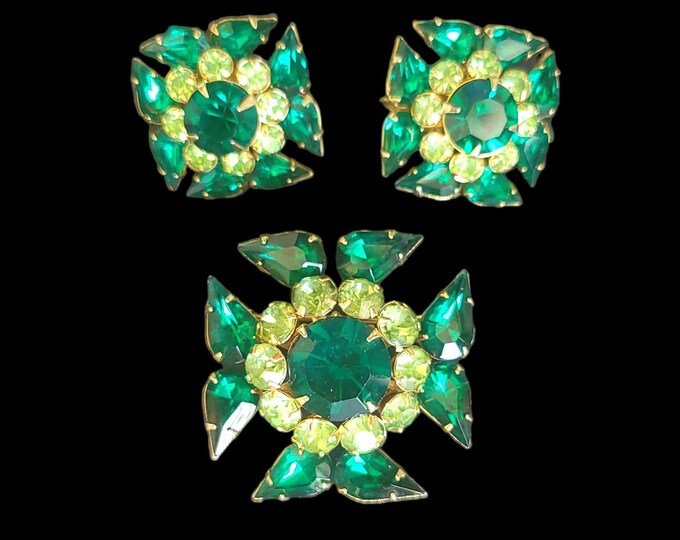 Vintage Judy Lee Green Envy Rhinestone Brooch & Earring Set, Maltese ...