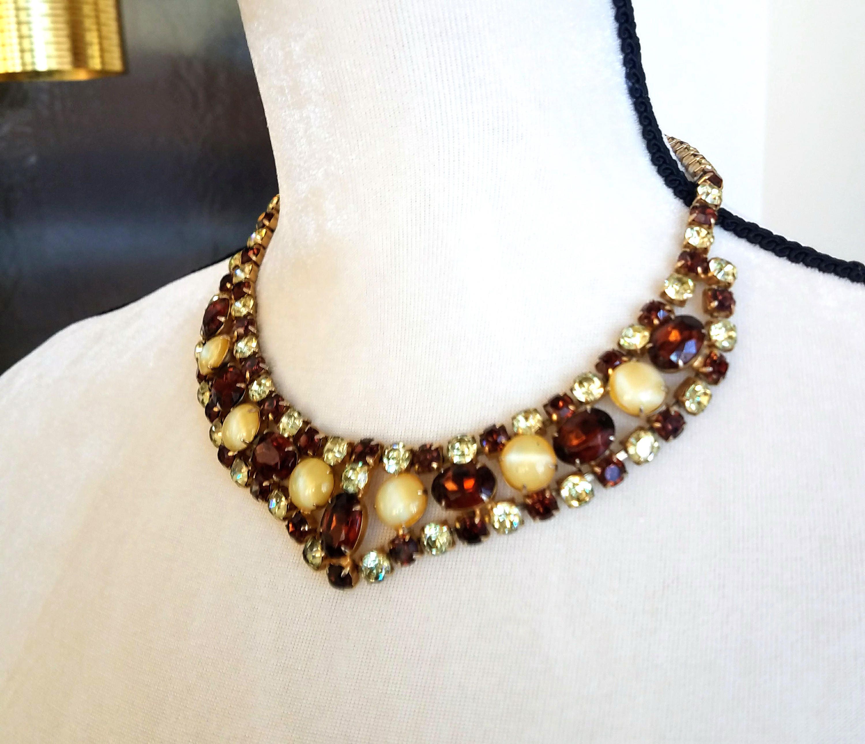 Vintage Rhinestone and Faux Moonstone Bib Style Necklace - Etsy