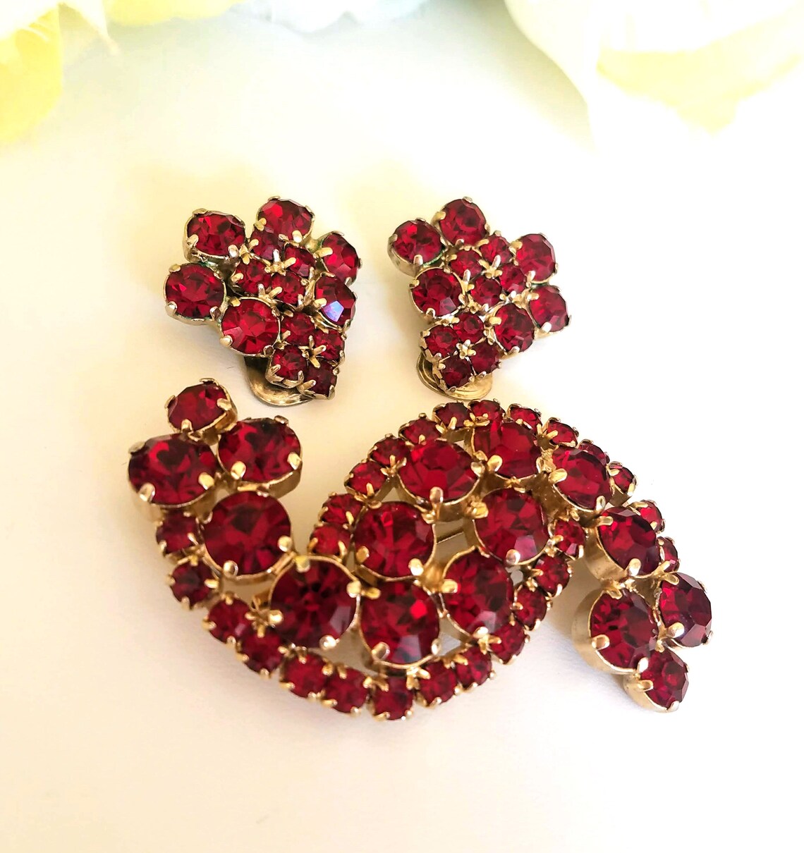 Red Rhinestone Brooch and Earring Set S Shaped Brooch - Etsy