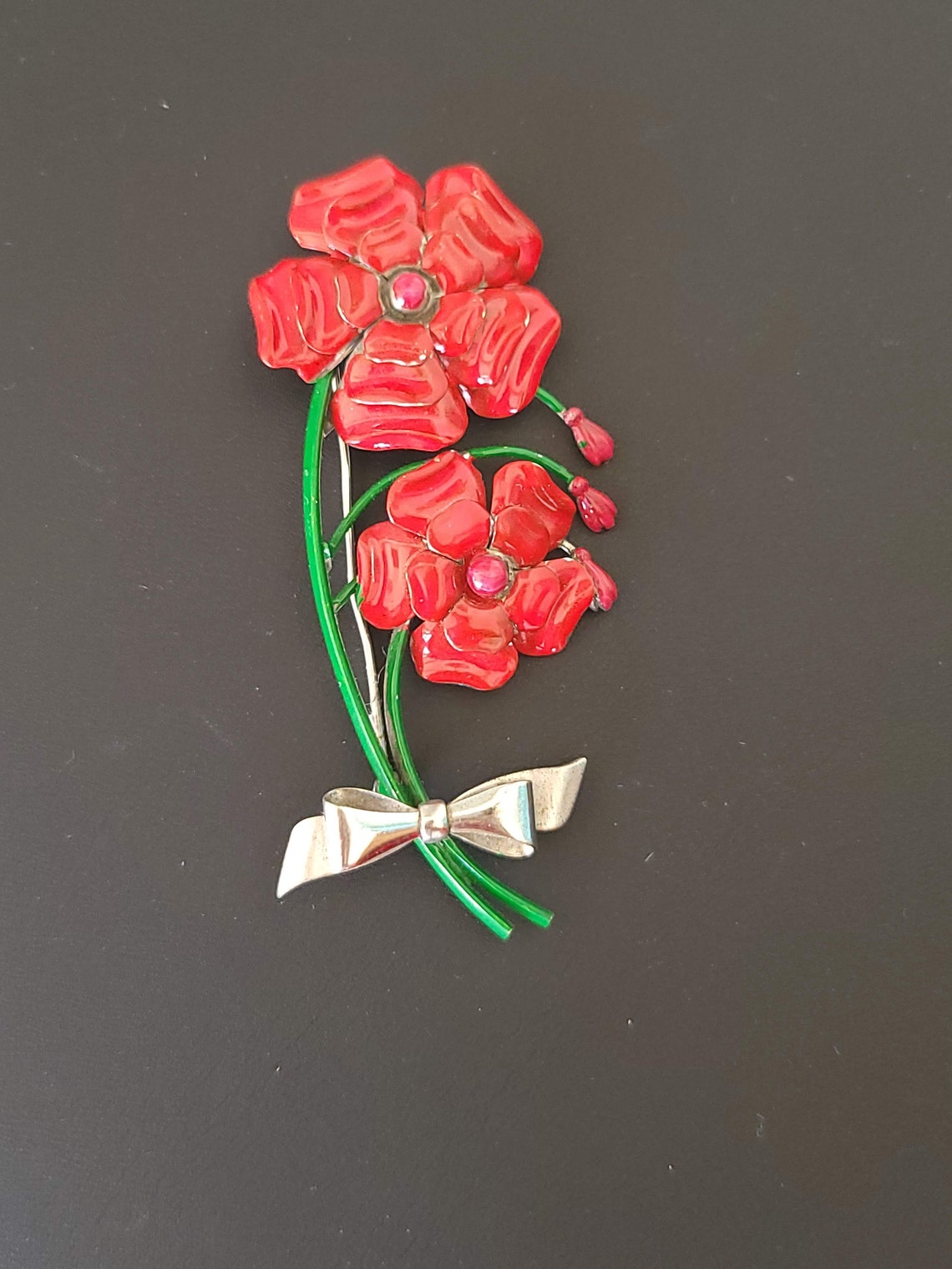 Vintage Harry S Bick Red and Green Enamel Sterling Silver Flower Brooch ...