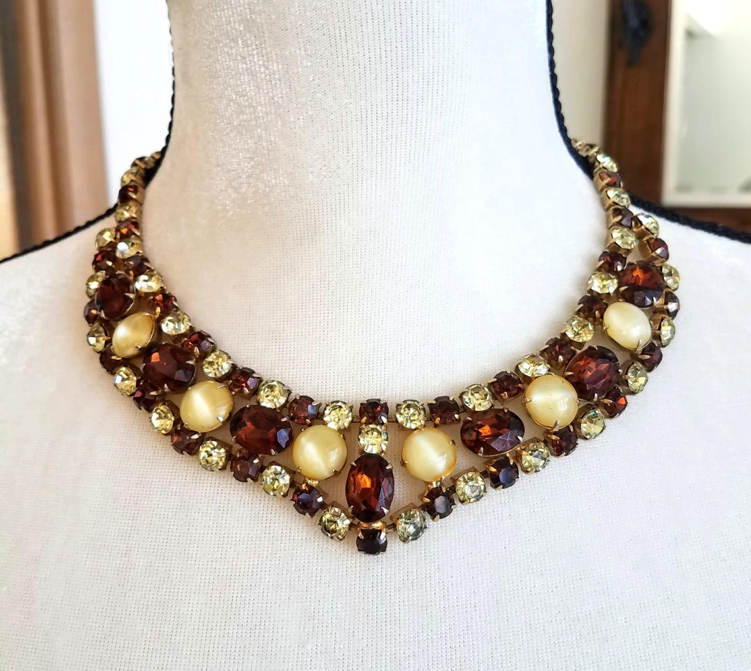 Vintage Rhinestone and Faux Moonstone Bib Style Necklace - Etsy
