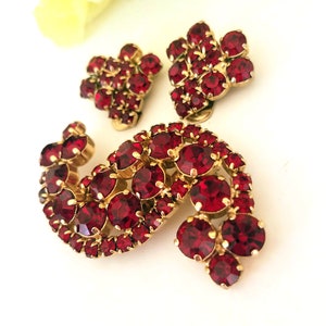 Red Rhinestone Brooch and Earring Set, S Shaped Brooch, Vintage Red ...