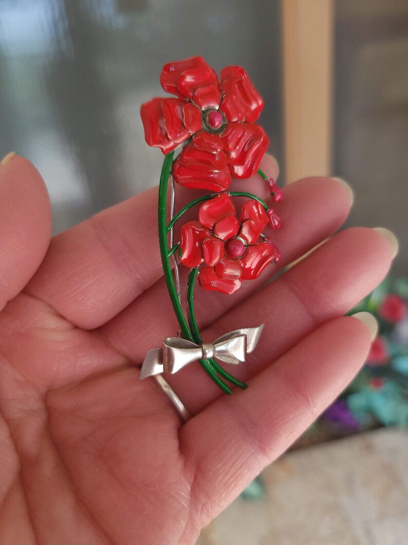 Vintage Harry S Bick Red and Green Enamel Sterling Silver Flower Brooch ...