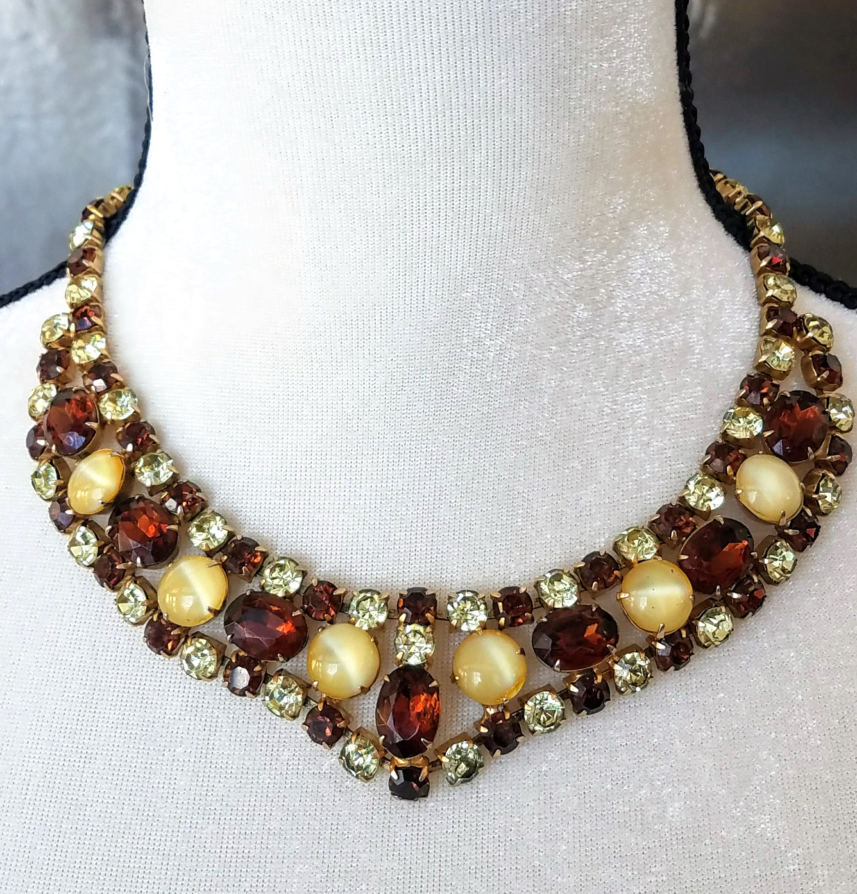 Vintage Rhinestone and Faux Moonstone Bib Style Necklace - Etsy