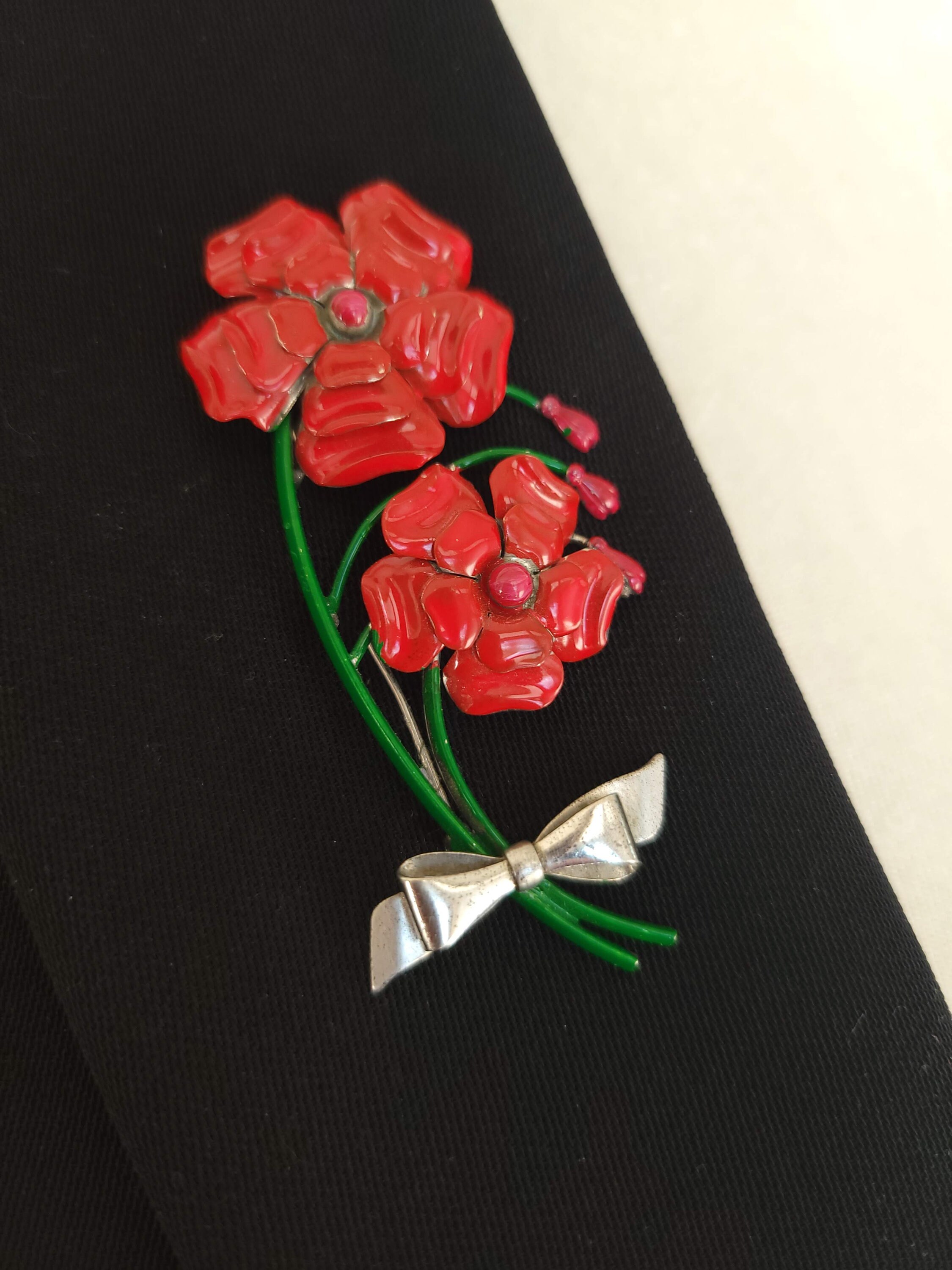 Vintage Harry S Bick Red and Green Enamel Sterling Silver Flower Brooch ...