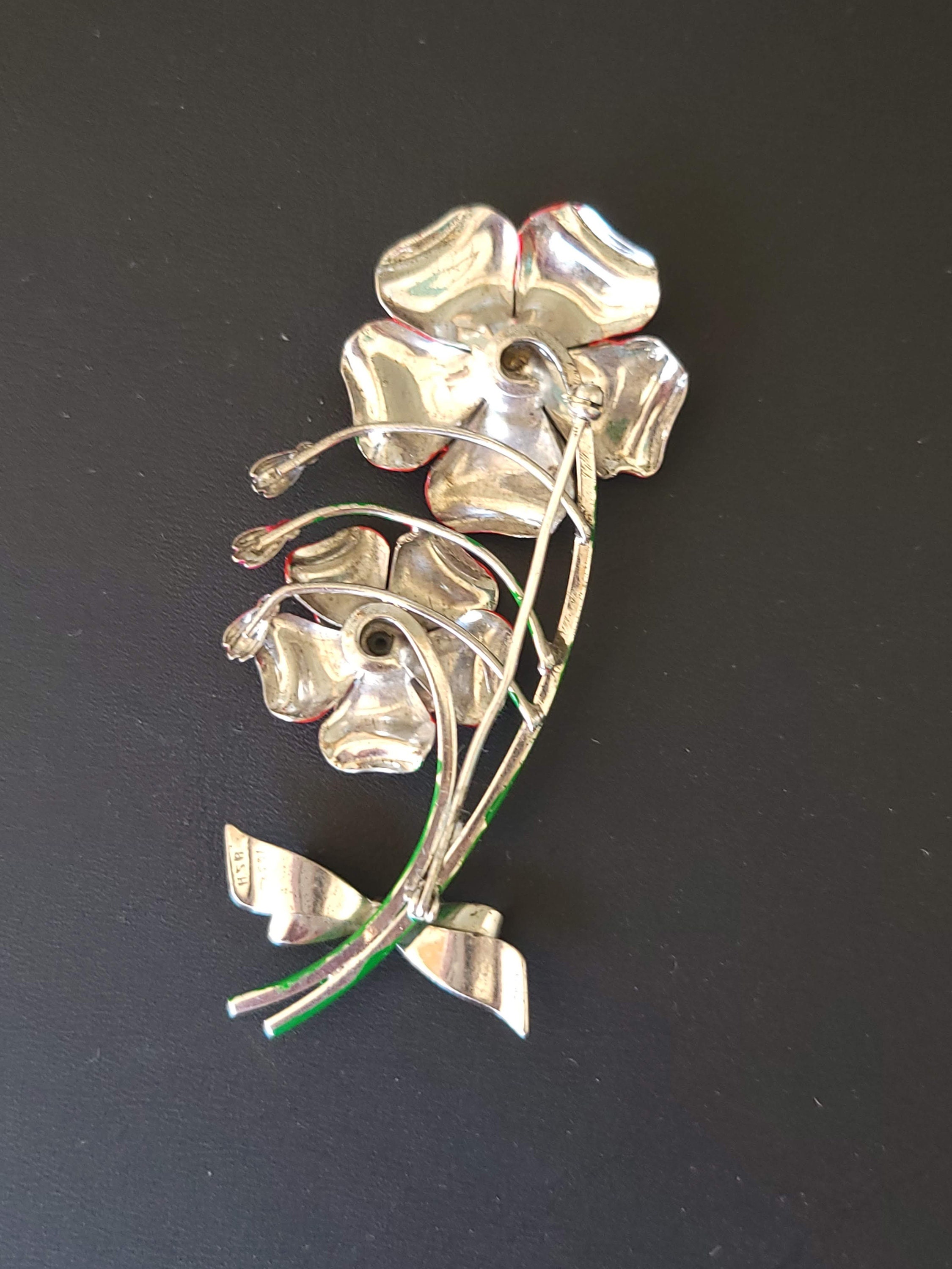Vintage Harry S Bick Red and Green Enamel Sterling Silver Flower Brooch ...
