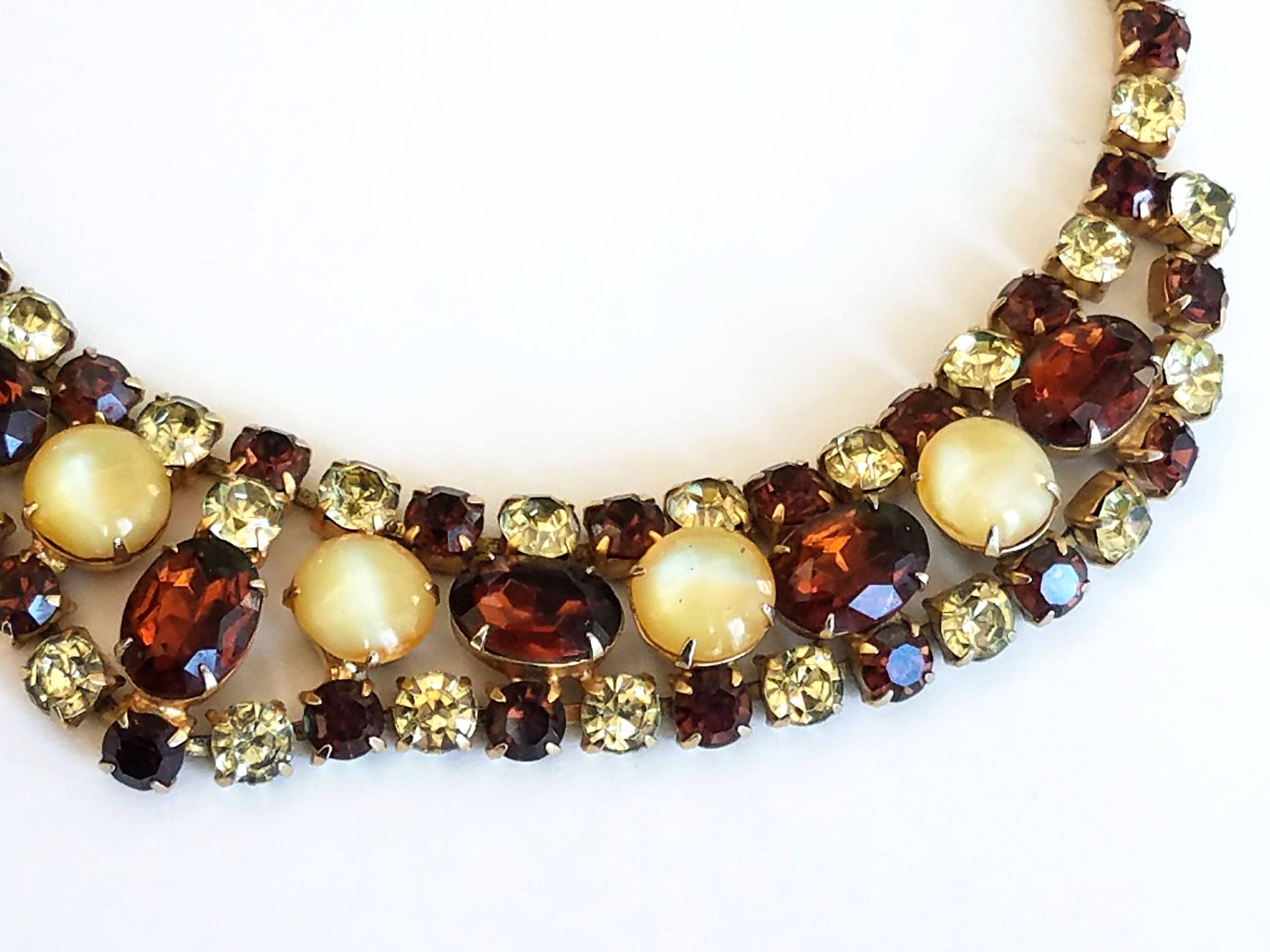 Vintage Rhinestone and Faux Moonstone Bib Style Necklace - Etsy