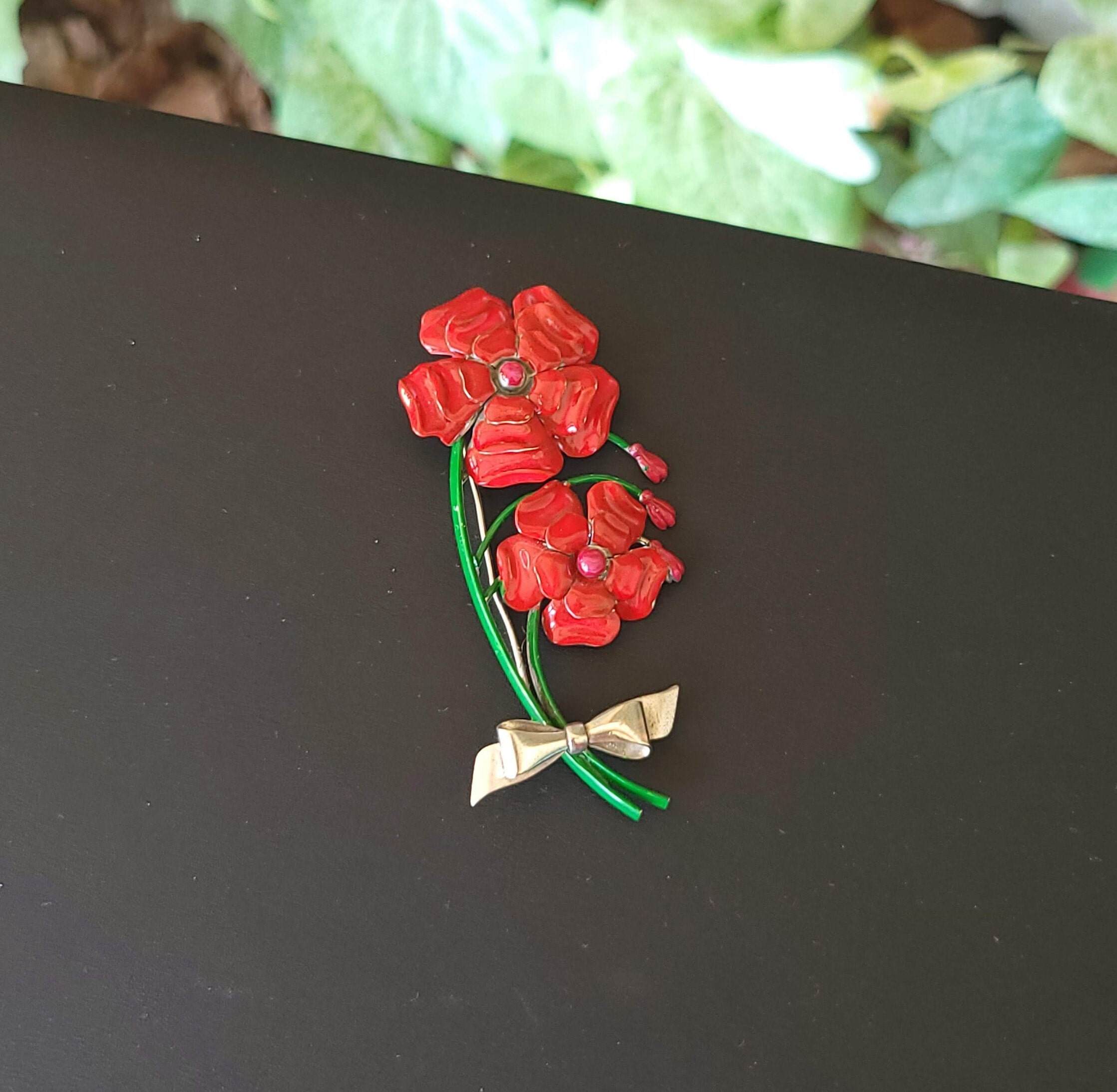 Vintage Harry S Bick Red and Green Enamel Sterling Silver Flower Brooch ...