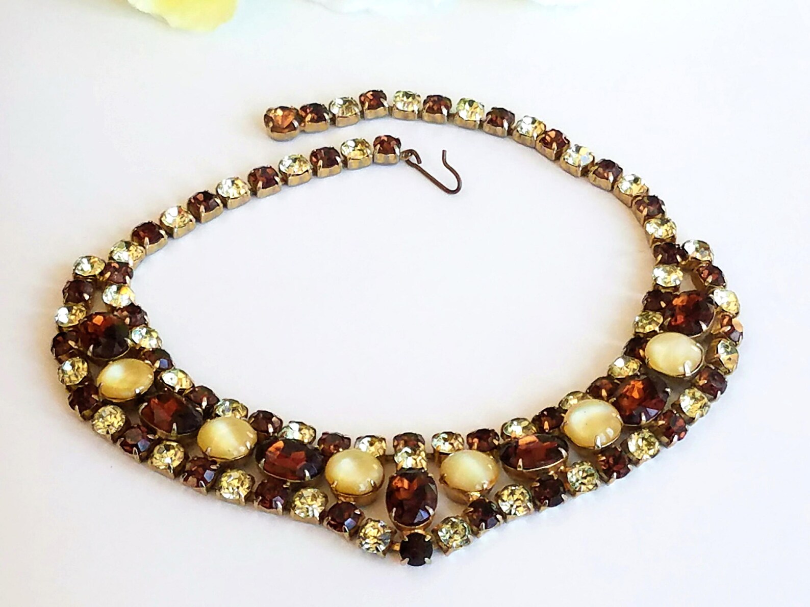Vintage Rhinestone and Faux Moonstone Bib Style Necklace - Etsy