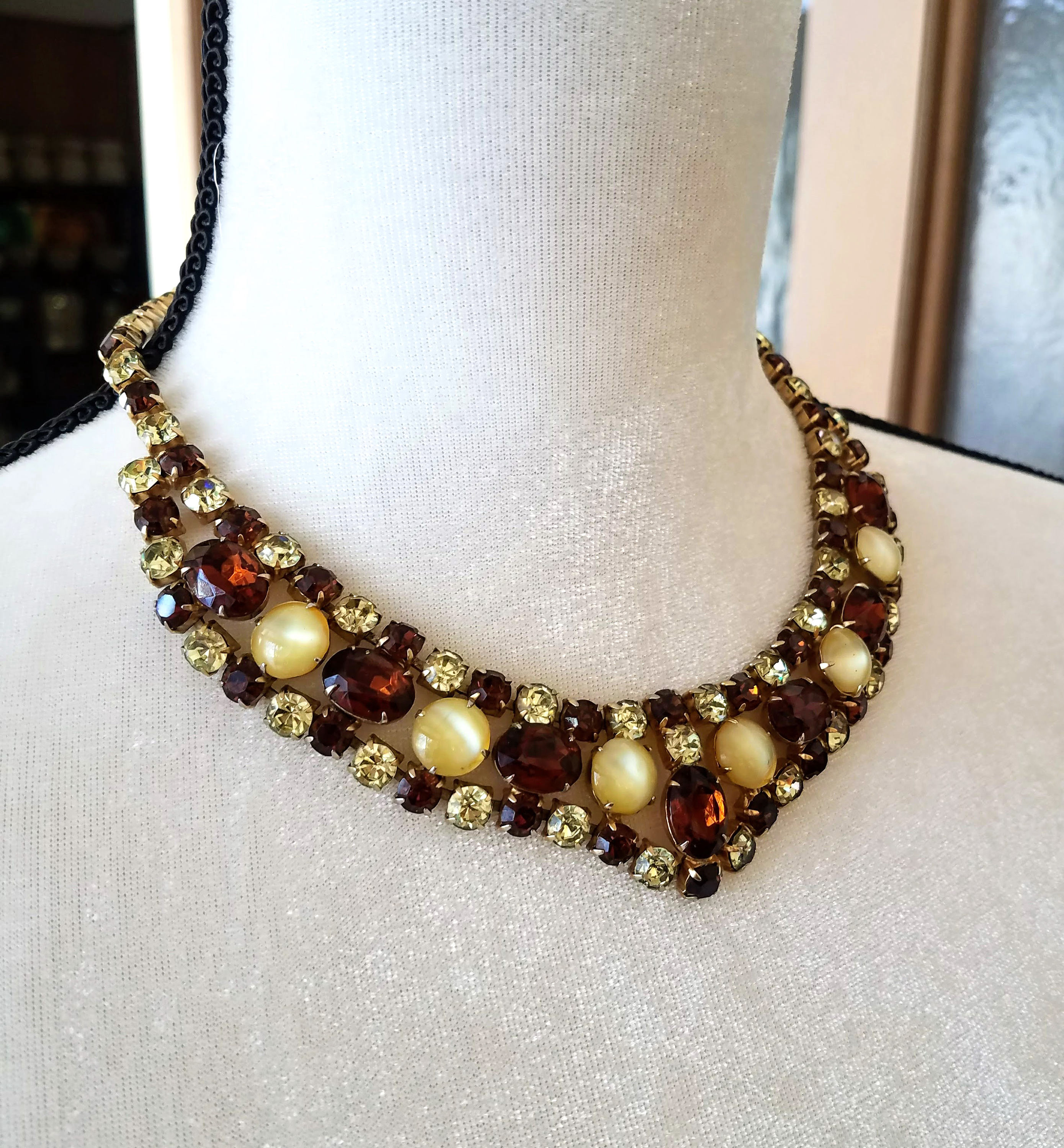Vintage Rhinestone and Faux Moonstone Bib Style Necklace - Etsy