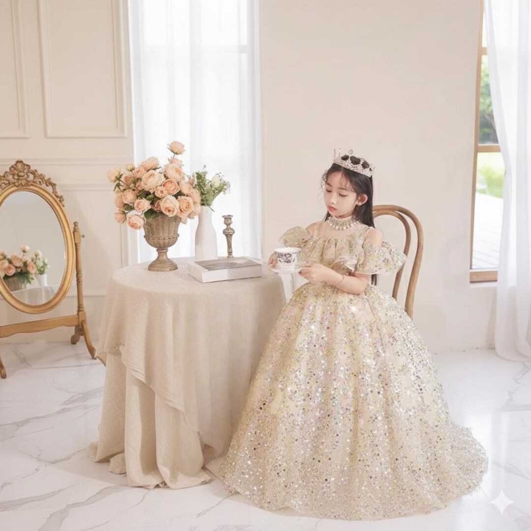 Flower Girl Sequin Princess Gown Wedding Evening Piano Prom Dress for ...