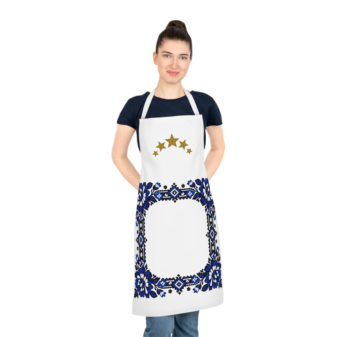 Blue Folk Floral Frame Apron | Embroidered-style Kitchen Apron - Etsy