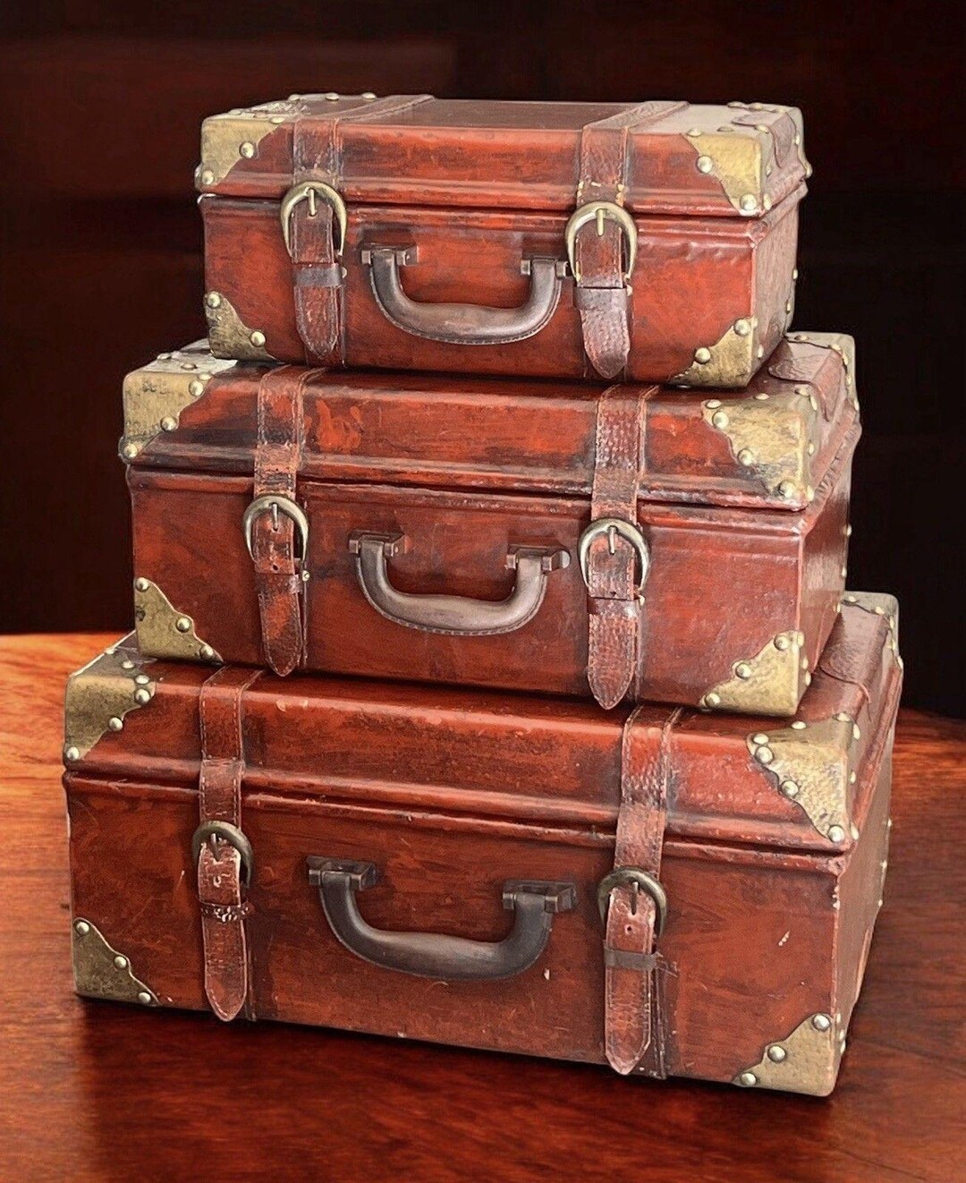 3 Nesting Suitcase Trunks Rust Red Faux Leather & Brass Steampunk ...