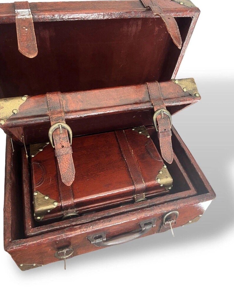 3 Nesting Suitcase Trunks Rust Red Faux Leather & Brass Steampunk ...