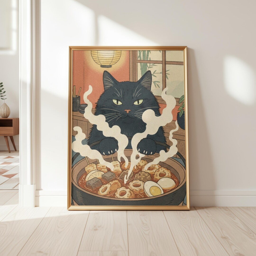 Black Cat Oden Ukiyo-e Art Print – Japanese Winter Food - Etsy