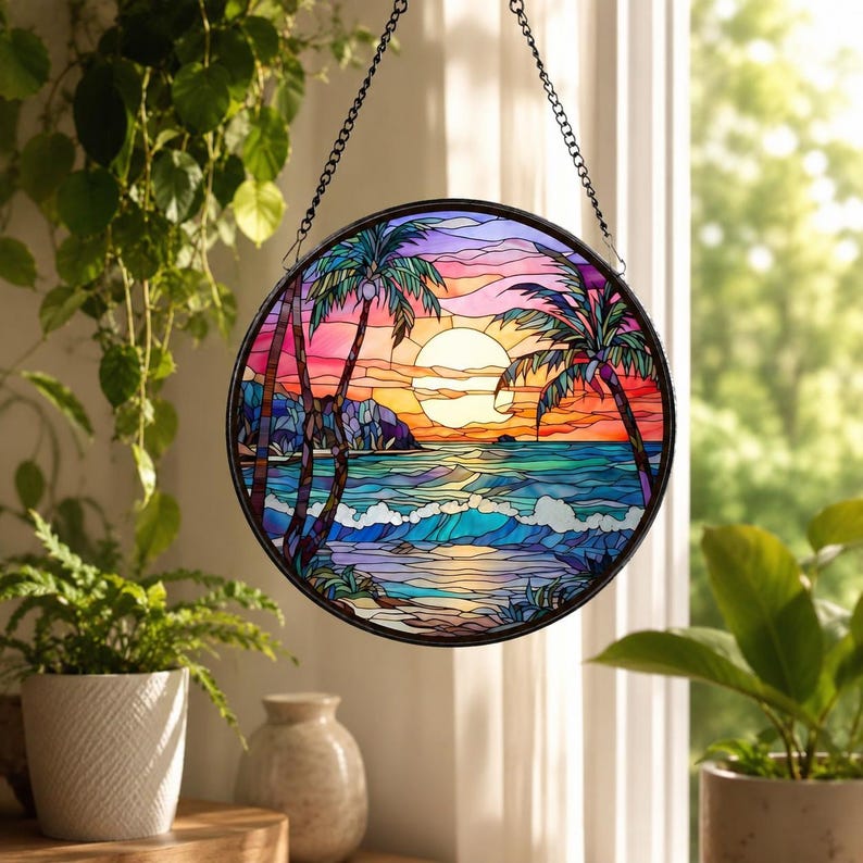 Beach Sunset Stained Glass Window Suncatcher, Beach Window Hanging ...