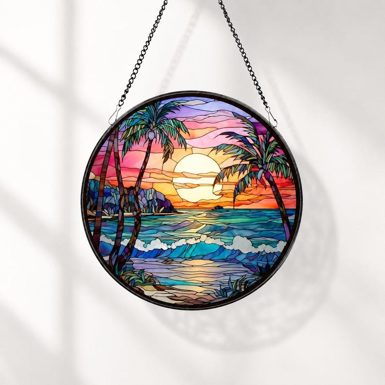 Beach Sunset Stained Glass Window Suncatcher, Beach Window Hanging ...