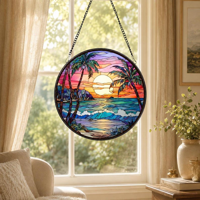 Beach Sunset Stained Glass Window Suncatcher, Beach Window Hanging ...
