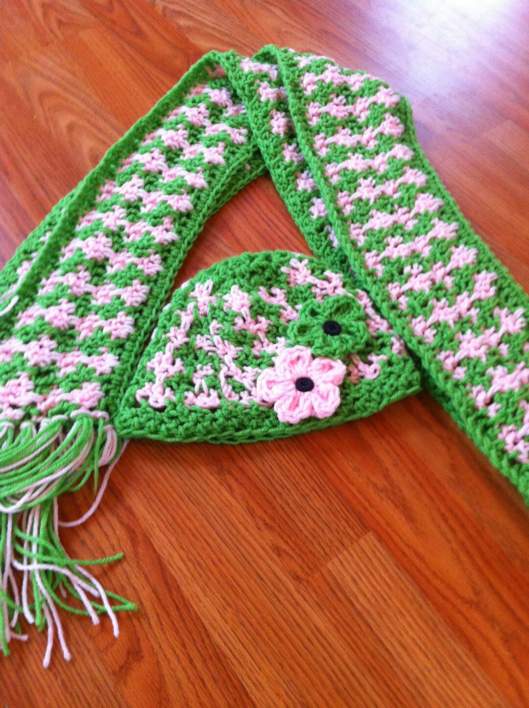 Handmade Pink and Green AKA Crochet Hat and Scarf Gift Under 60 Free ...